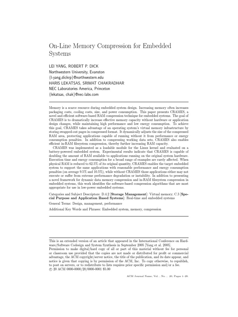 On-Line Memory Compression For Embedded Systems | PDF