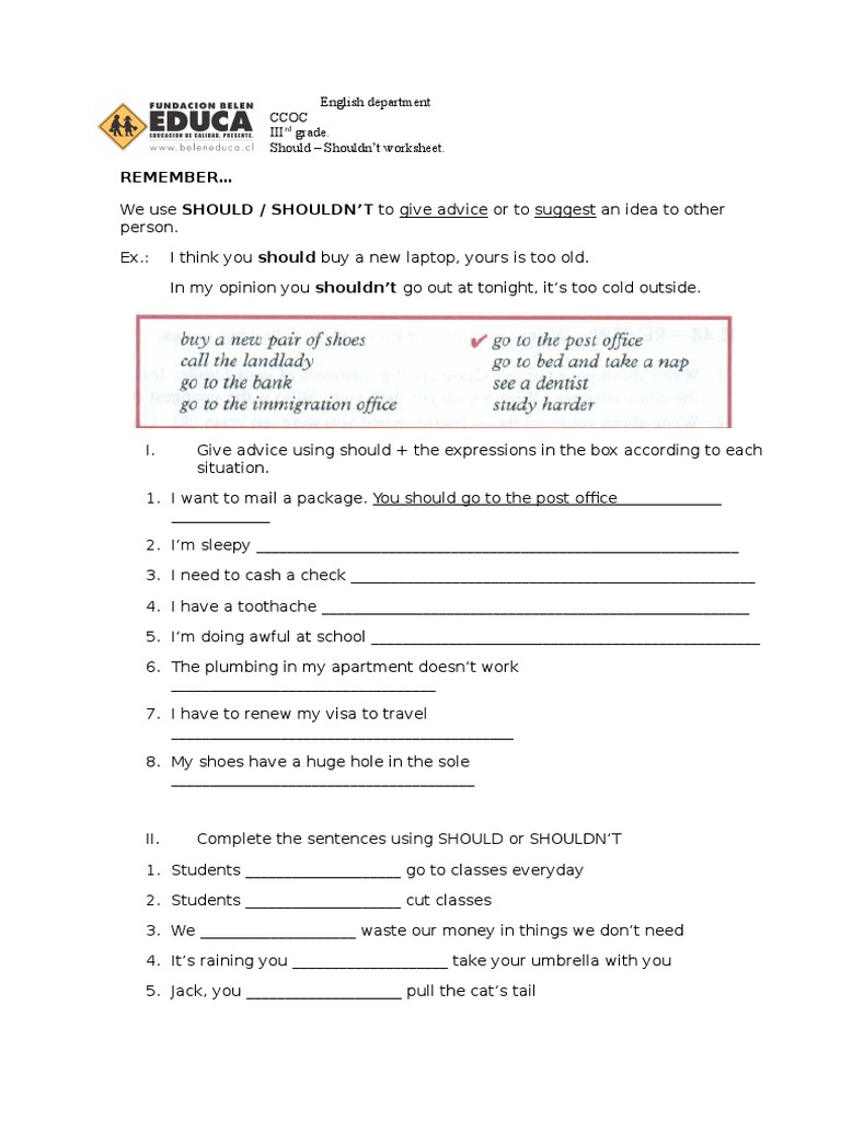 Should and Shouldn't Advice Worksheet | PDF