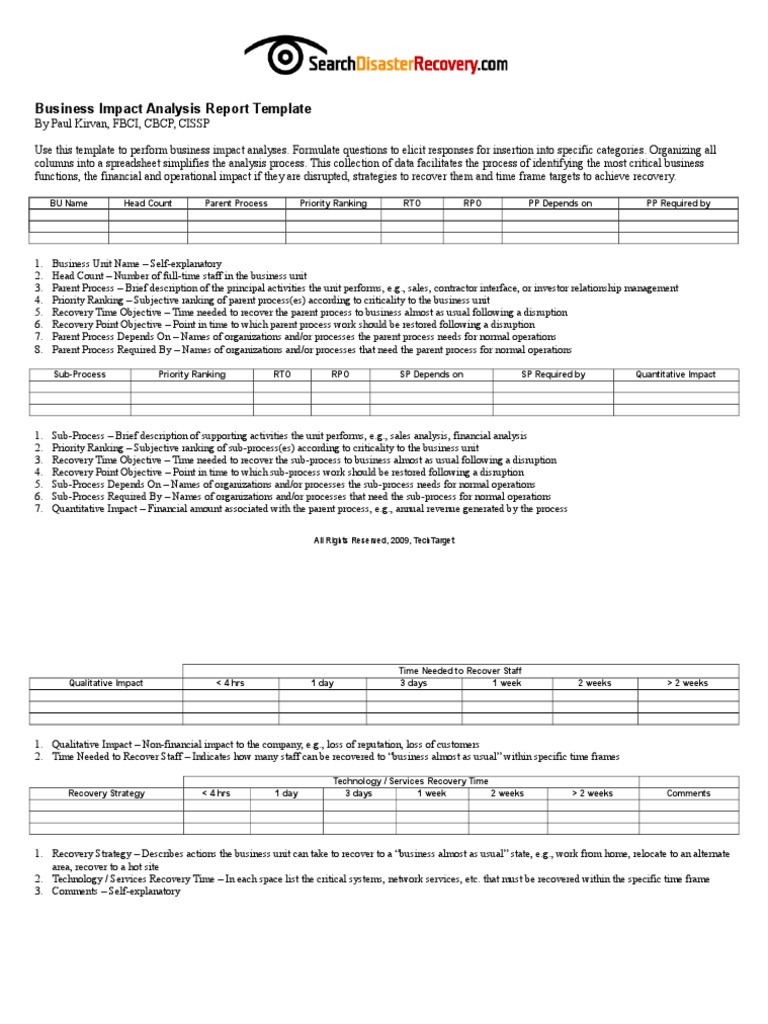 Search Disaster Recovery Business Impact Analysis Report Template | PDF ...