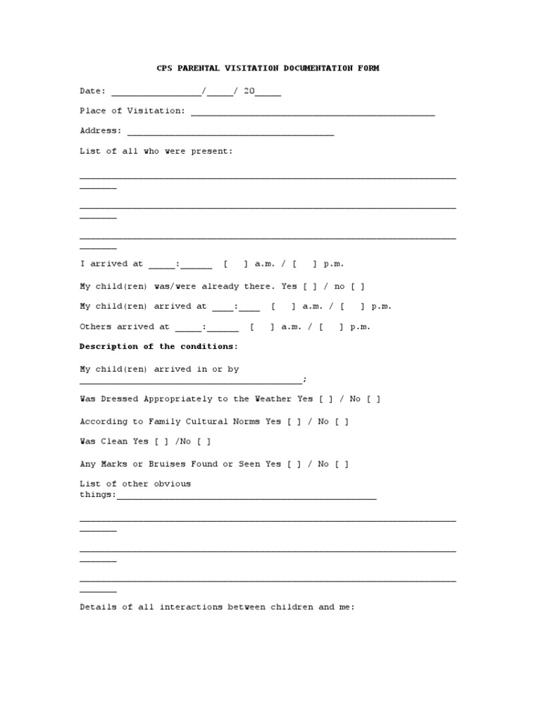 CPS Parental Visitation Documentation Form | PDF | Psychology ...