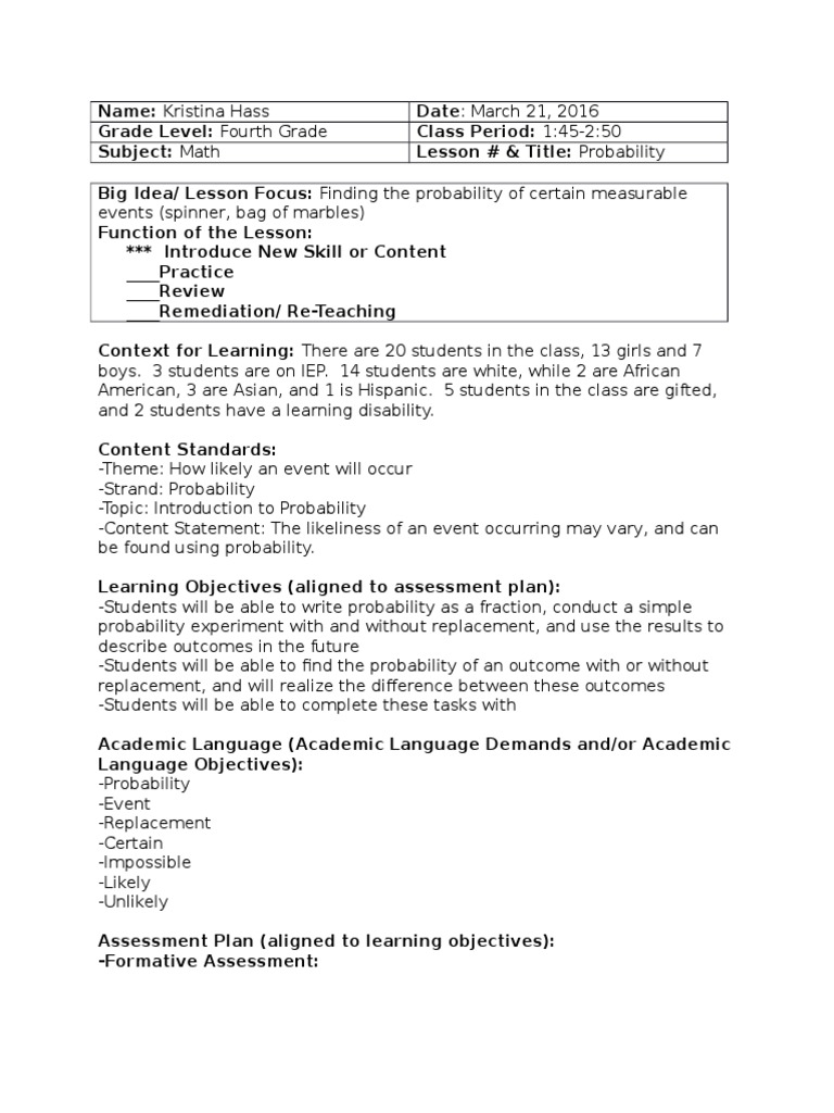 Probability Lesson Plan | PDF | Educational Assessment | Probability