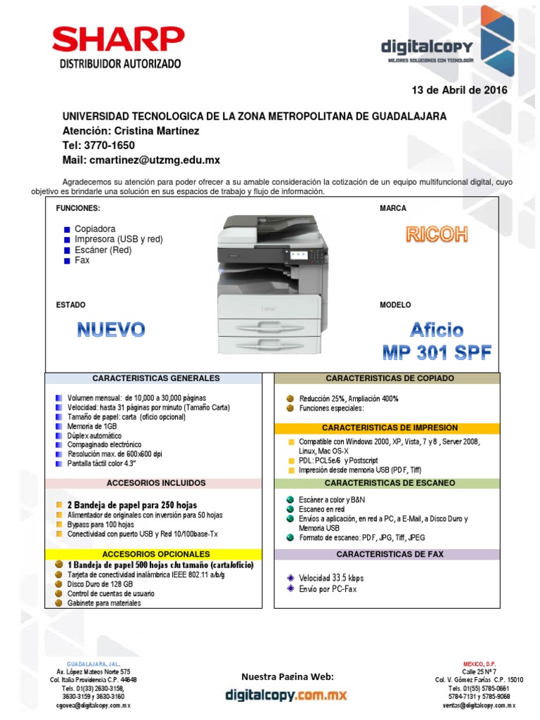 Ricoh Mp301 Nueva (2 Bandejas) | PDF | Escáner de imagen | Fax