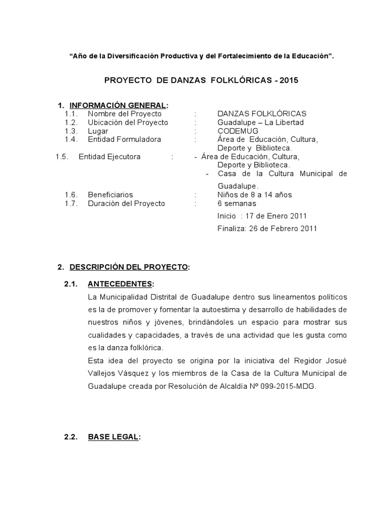 Proyecto Taller de Danzas Folklorica 2015 Nuevo | PDF | Juventud | Sociedad