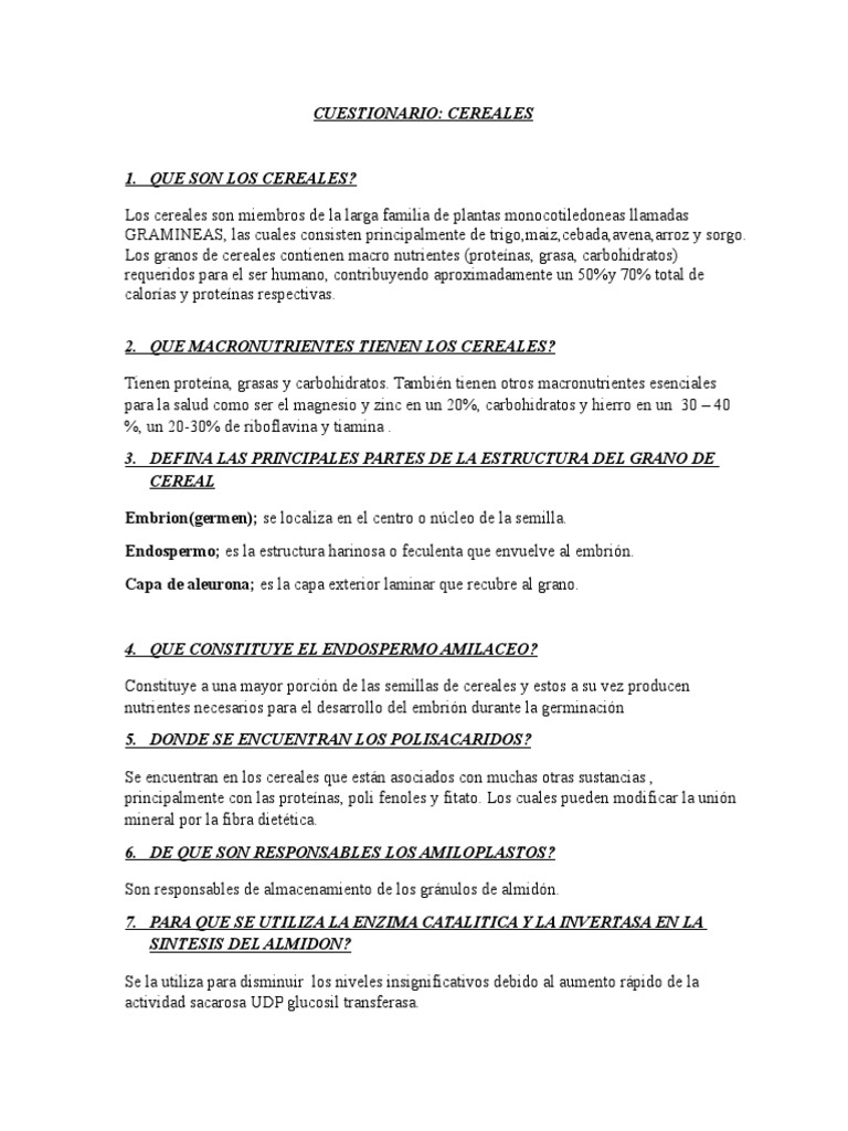 Cuestionario-De-cereales Bioquimica | PDF | Cereales | Germinación