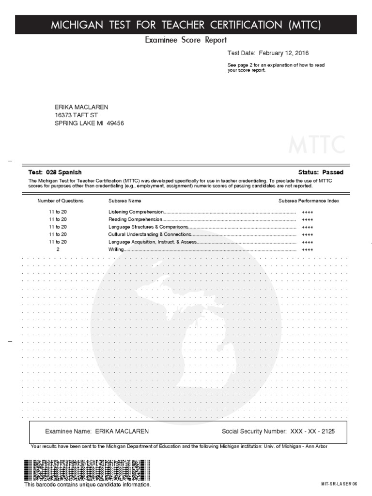 MTTC Spanish Score | PDF | Multiple Choice | Test (Assessment)