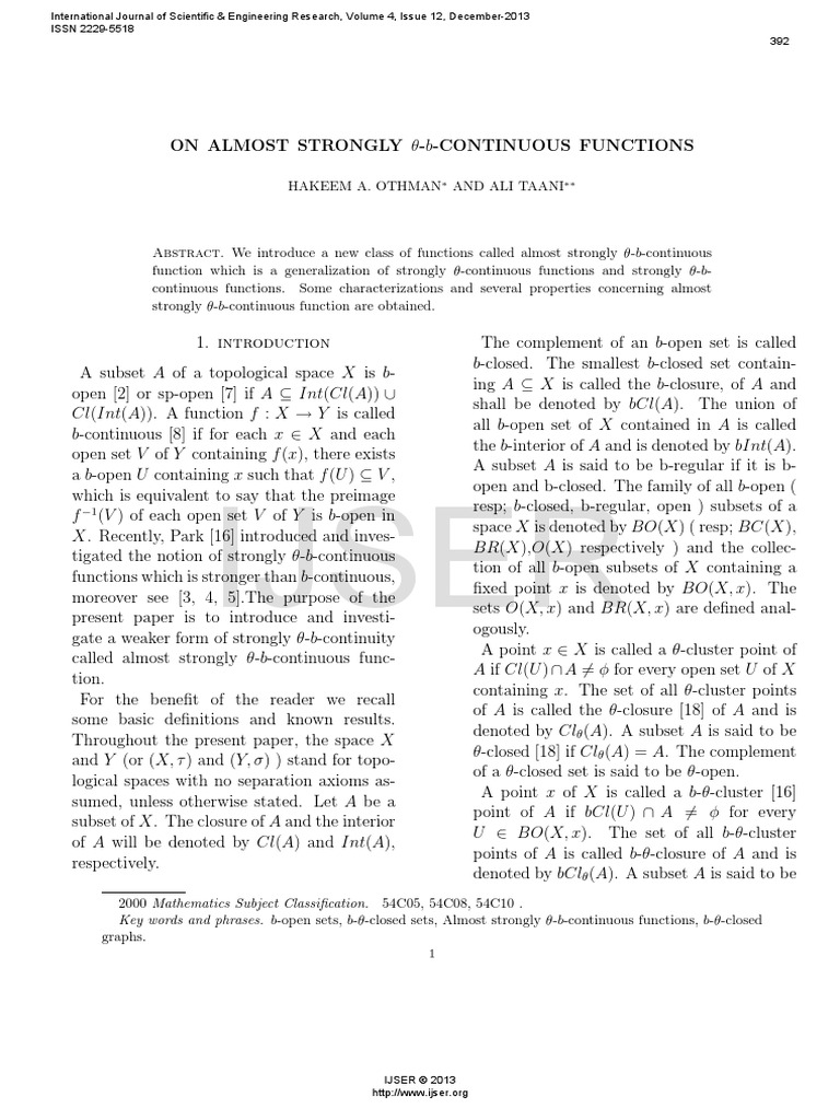 On Almost Strongly Theta B Continuous Functions Pdf Continuous Function Topology 