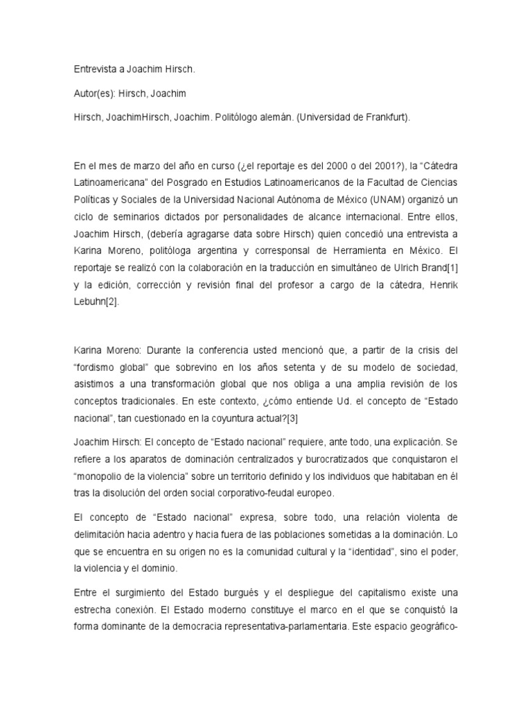 Entrevista A Joachim Hirsch - Globalización - Capital y Estado | PDF ...