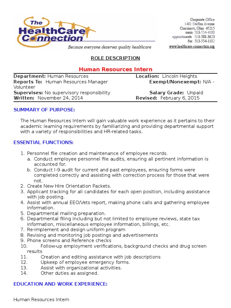HR Intern JD 2015-0123 Autosaved | PDF | Internship | Job Hunting