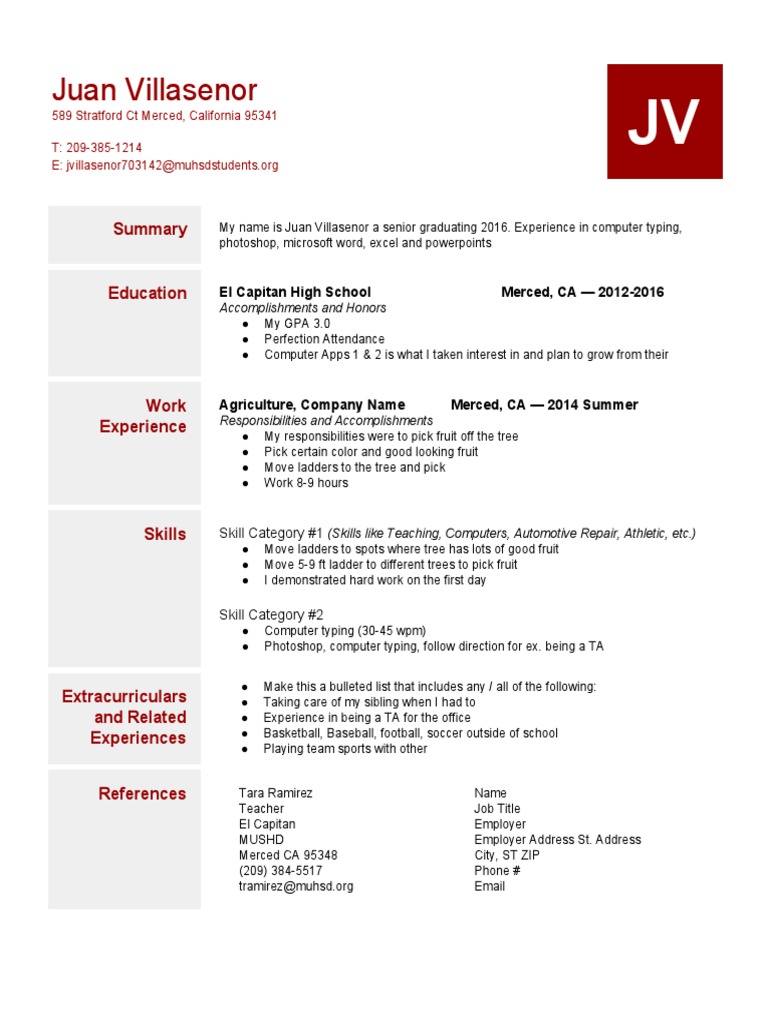 Juan Villasenor's High School Resume | PDF | Career & Growth | Self ...