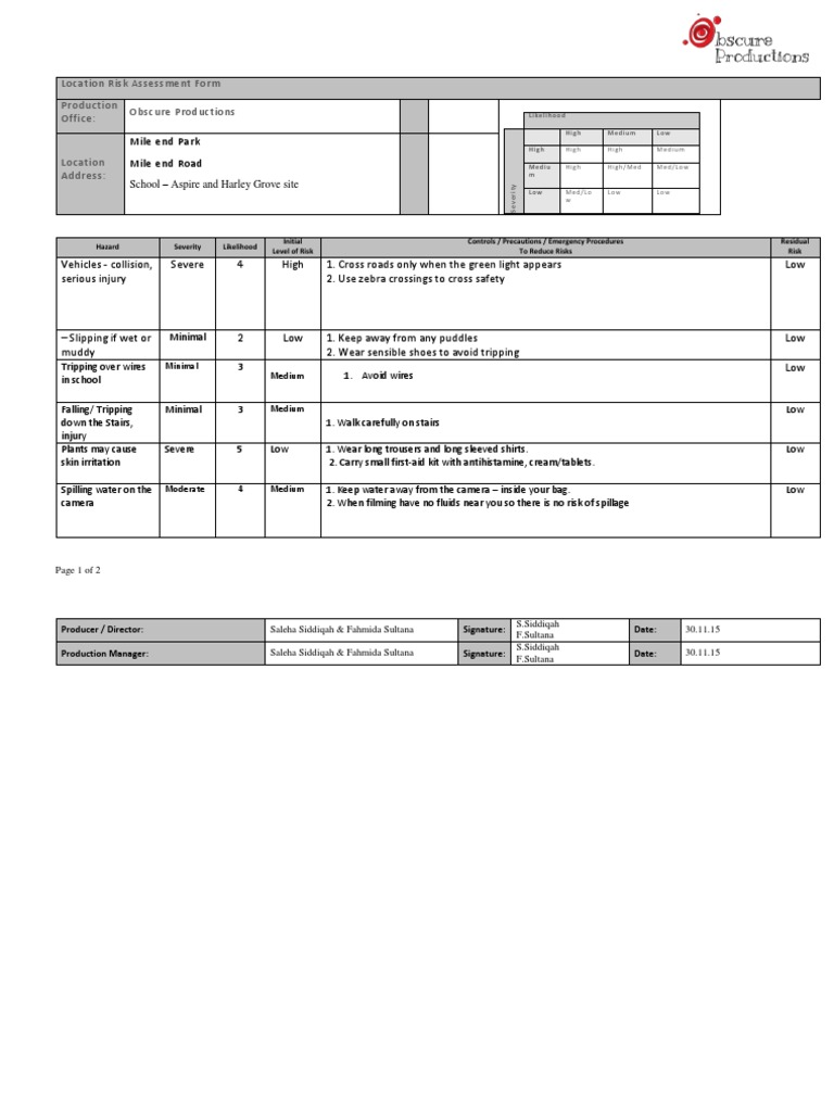 Location Risk Assessment for Filming | PDF