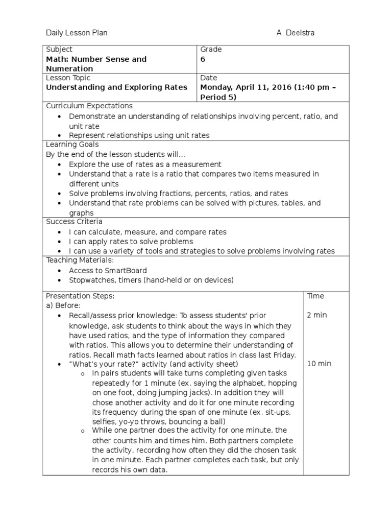 Grade 6 Math Lesson on Rates | PDF | Homework | Lesson Plan