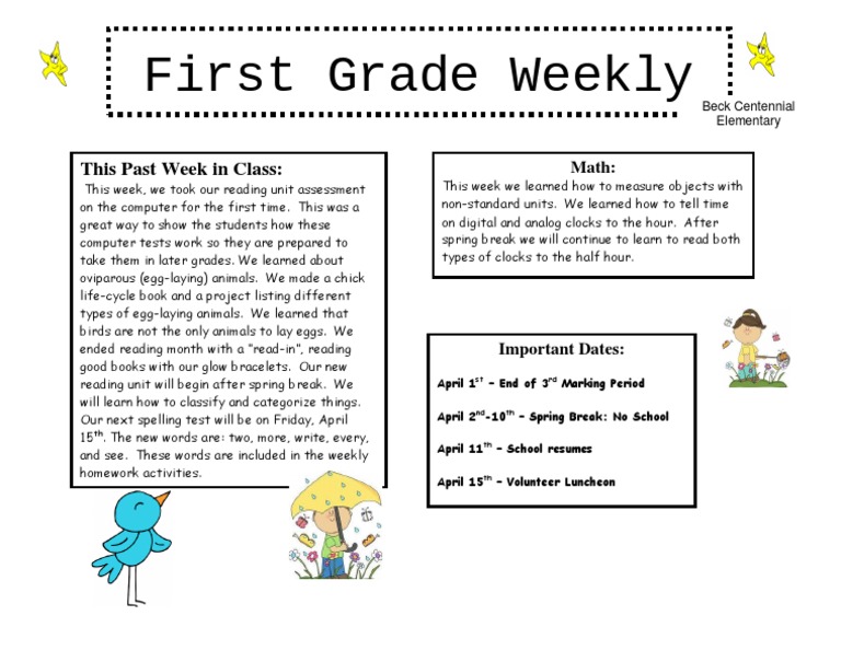 First Grade Newsletter-Week25 | PDF