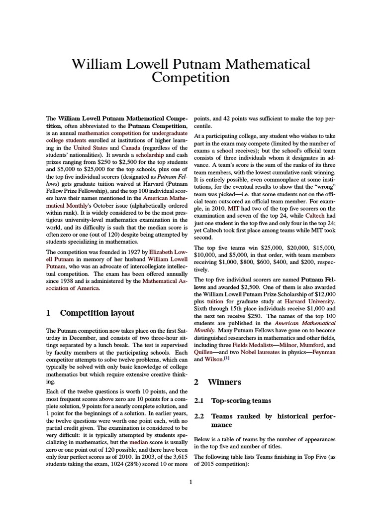 William Lowell Putnam Mathematical Competition | PDF | Awards | Competition