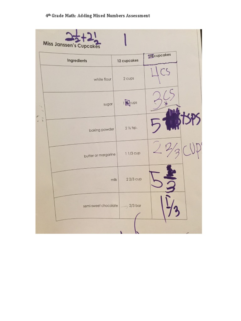 4 Grade Math: Adding Mixed Numbers Assessment | PDF