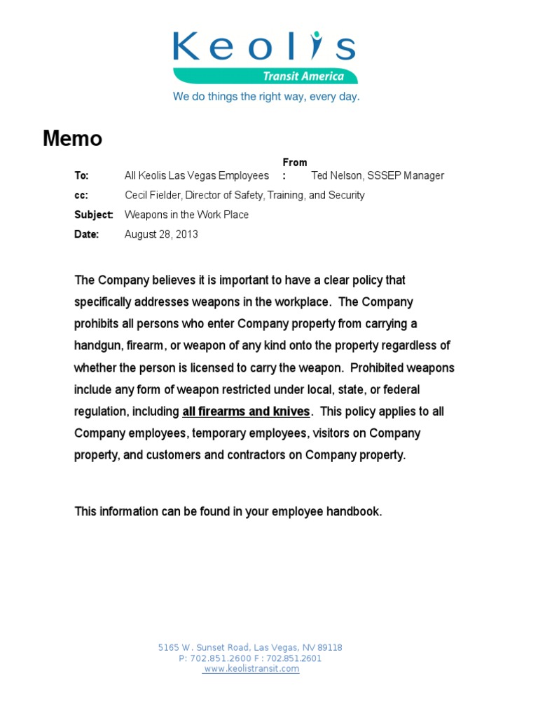 Keolis Las Vegas Weapons Policy Memo | PDF | Law