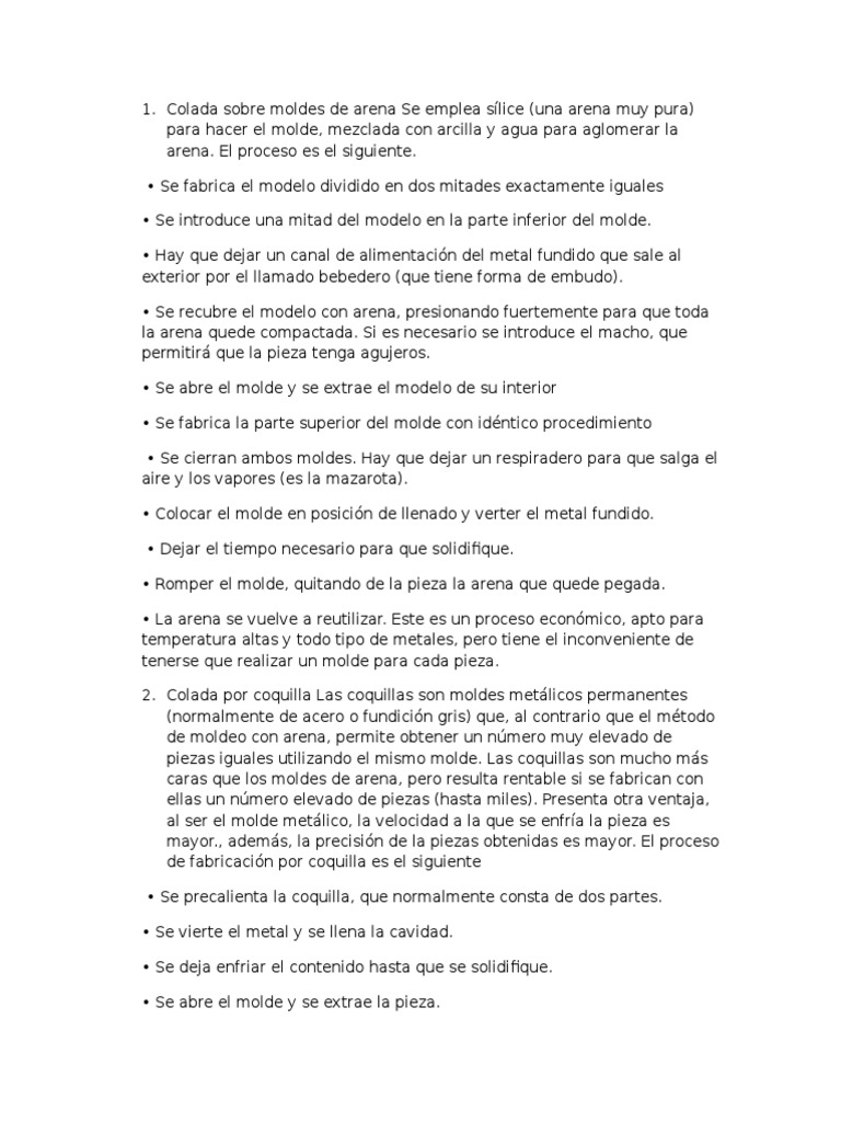 Métodos de colada: arena y coquilla | PDF | Hogar, jardinería y bricolaje