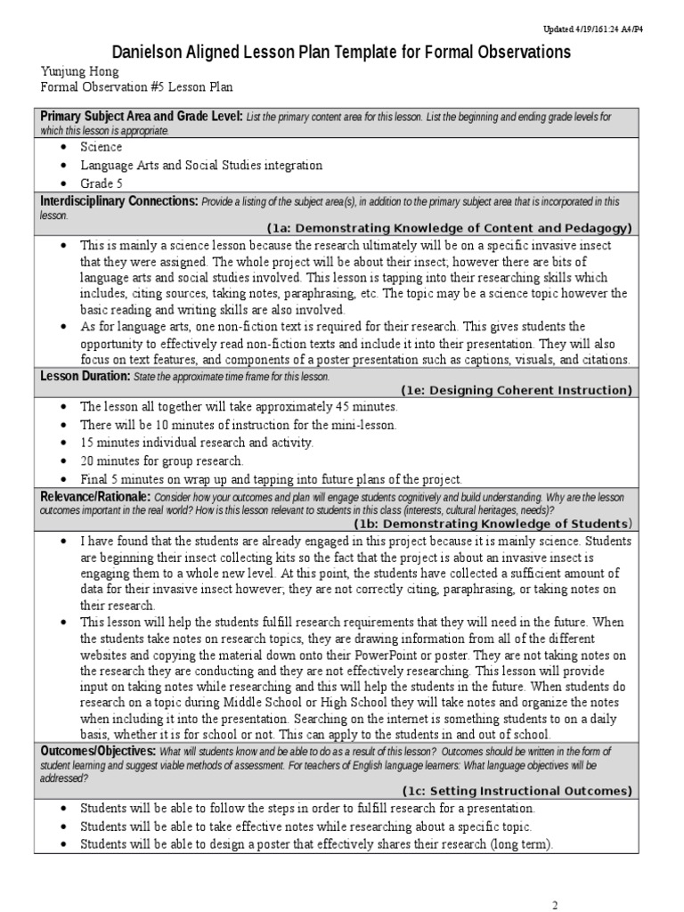 Danielson Aligned Lesson Plan Template For Formal Observations | PDF ...