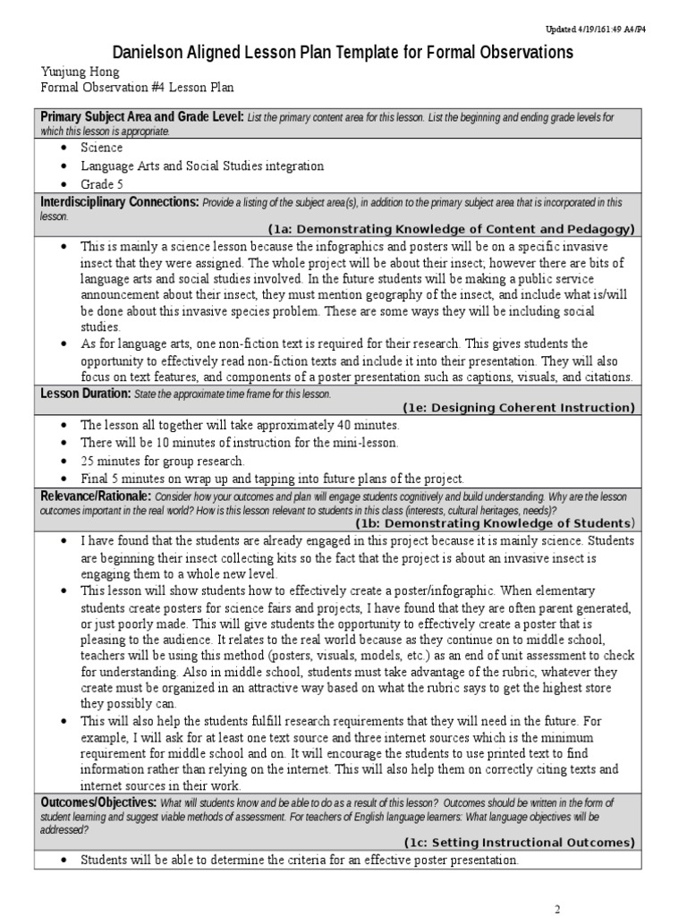 Danielson Aligned Lesson Plan Template For Formal Observations | PDF ...