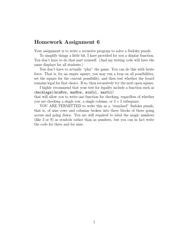 Recursive Sudoku Solver Assignment | PDF