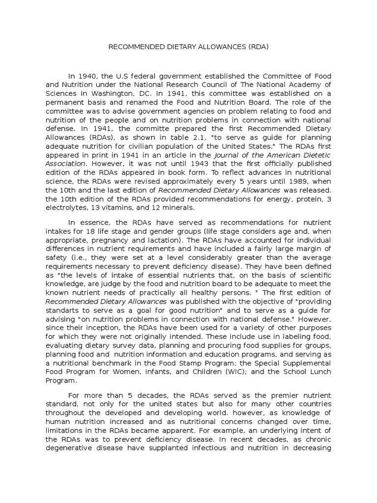 Recommended Dietary Allowances (Rda) | PDF | Nutrition | Diet & Nutrition