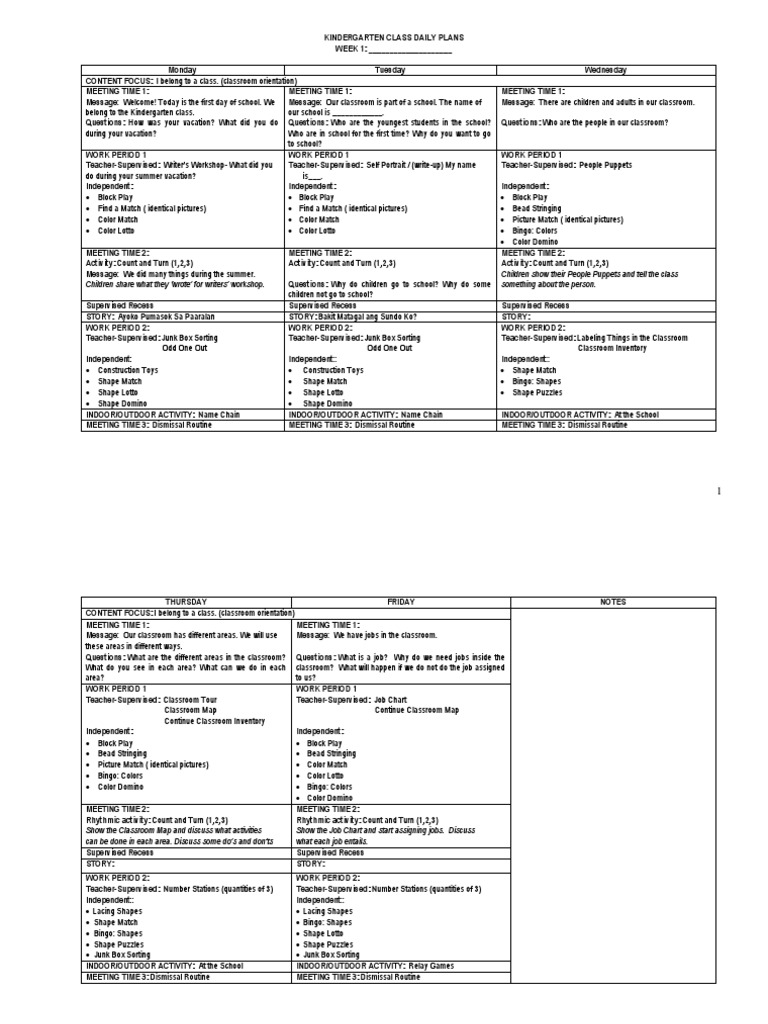 Kinder Lesson Plan Week 1 | Classroom | Toys