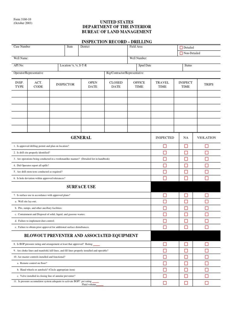 Drilling Inspection Form 3160-10 | PDF | Casing (Borehole) | Gases