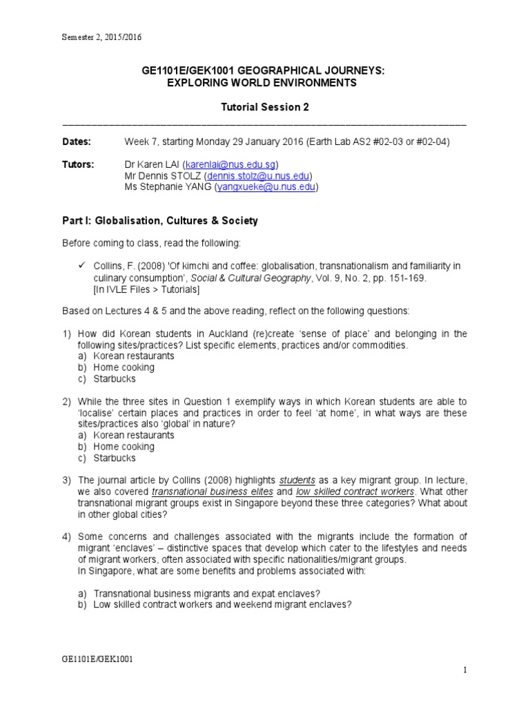 GE1101E Tutorial2 2016 | PDF | Migrant Worker | Globalization