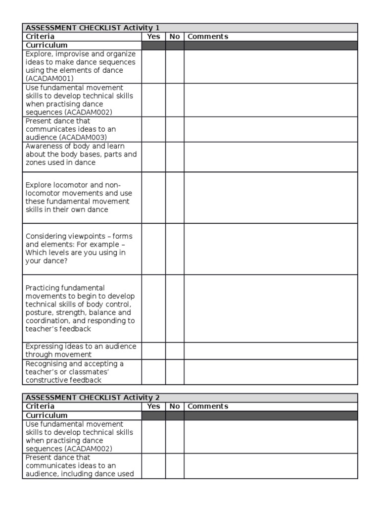 Assessment Checklists - Activity 1 2 and 3 - Dance | PDF | Dances ...