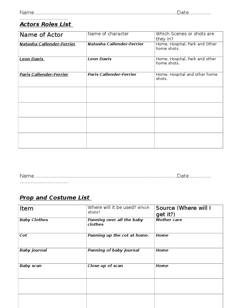 Actors and Props List for Film Shoot | PDF