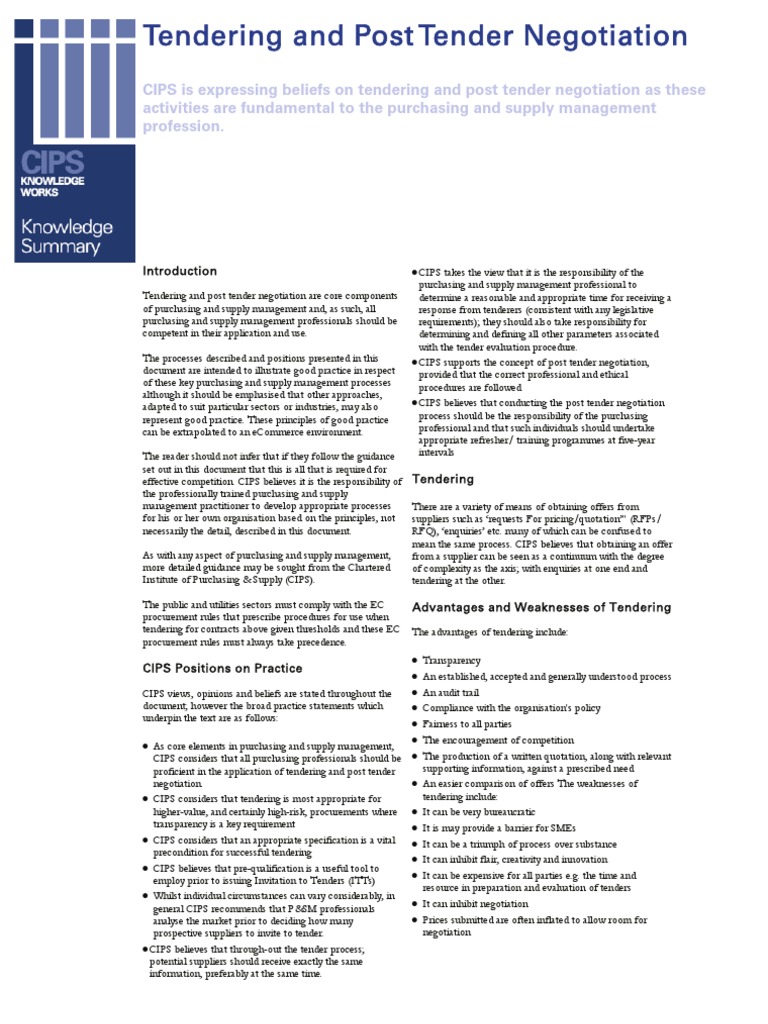 Cips Tendering Post Tender Negotiation | Procurement | Supply Chain