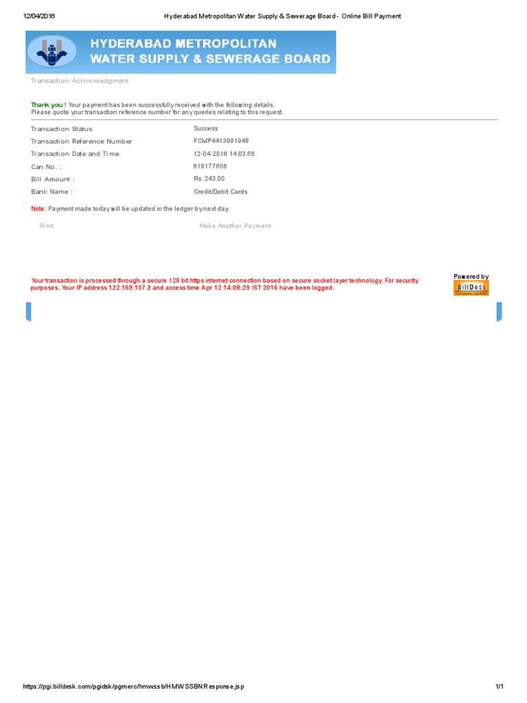 HMWSSB Online Bill Payment Confirmation | PDF | Computers