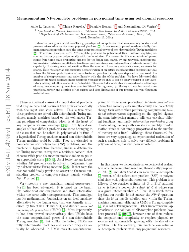 Memcomputing NP-complete Problems in Polynomial Time Using Polynomial Resources | PDF ...
