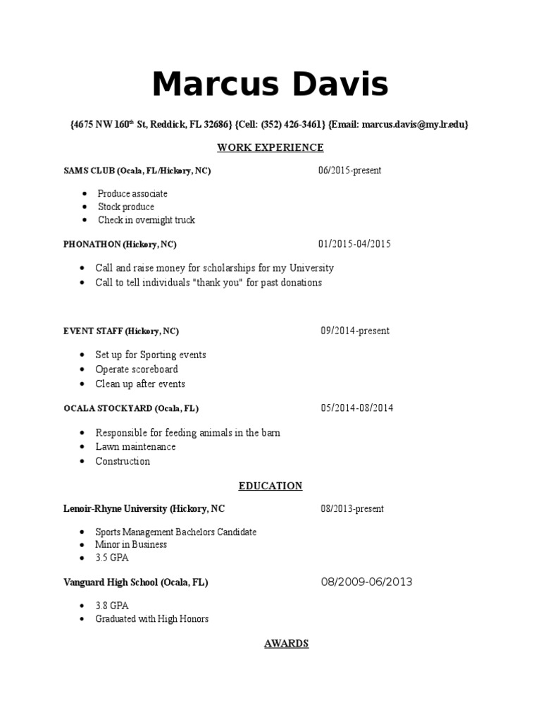 Marcus Davis: Sports Management Resume | PDF
