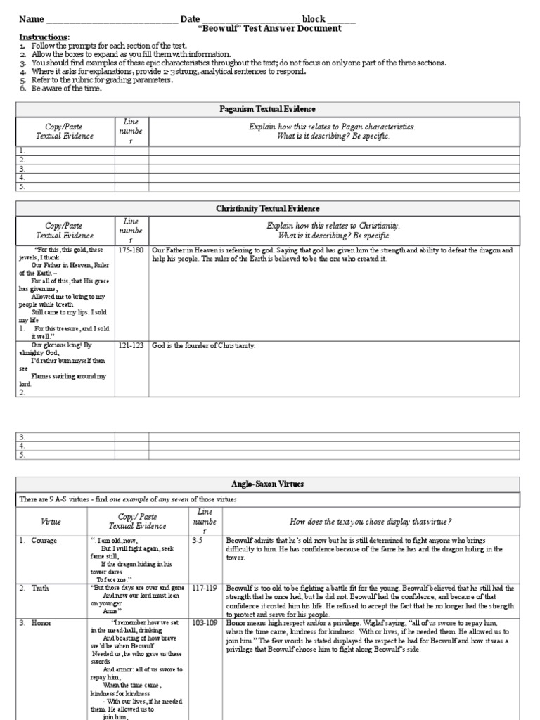 Beowulf Test Answer Guide | PDF | Beowulf