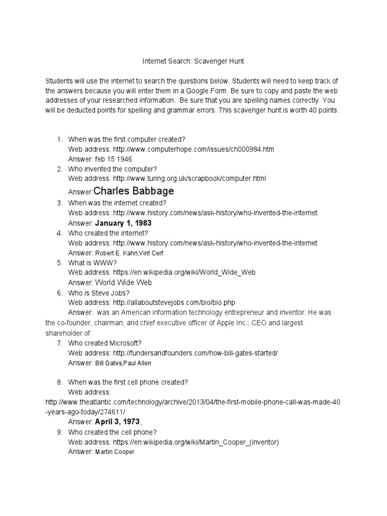 Internet Search Scavenger Hunt Guide | PDF | Facebook | World Wide Web
