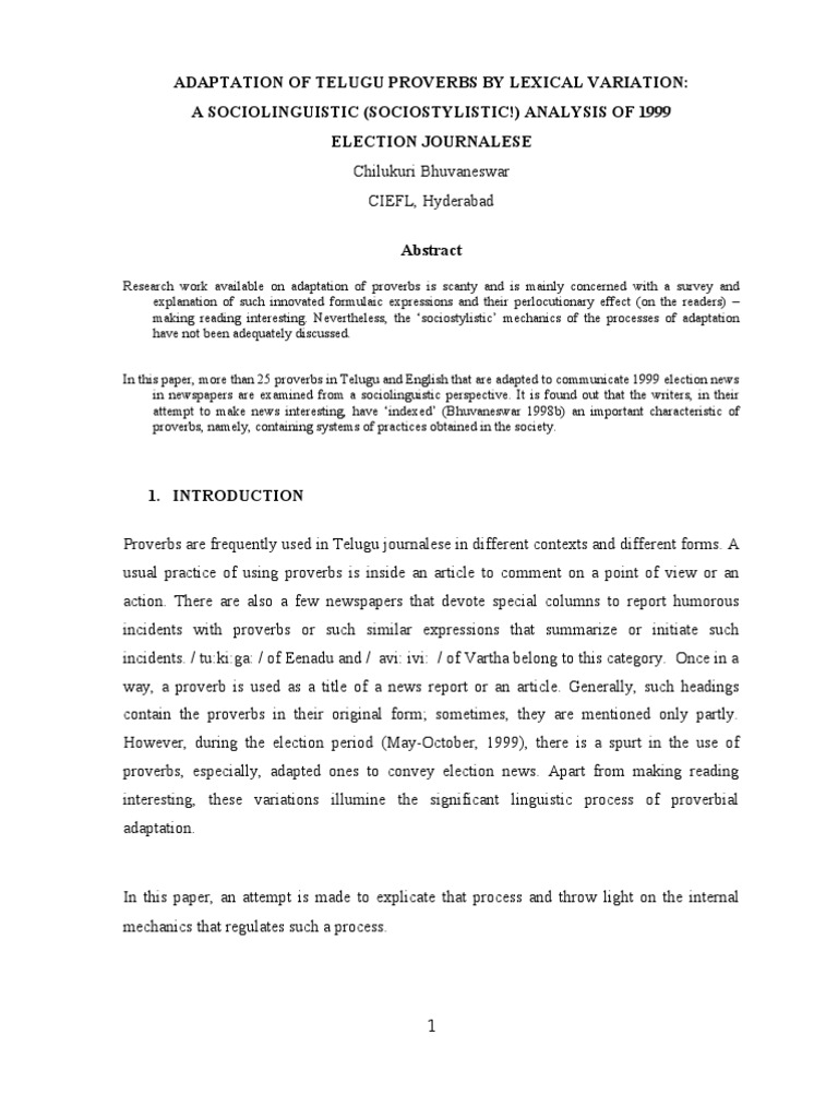 Telugu Proverbs: Lexical Adaptation Analysis | PDF | Lexicon | Proverb