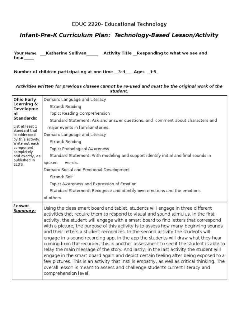 Ed Tech ECDE Activity Plan | PDF | Reading (Process) | Reading Comprehension