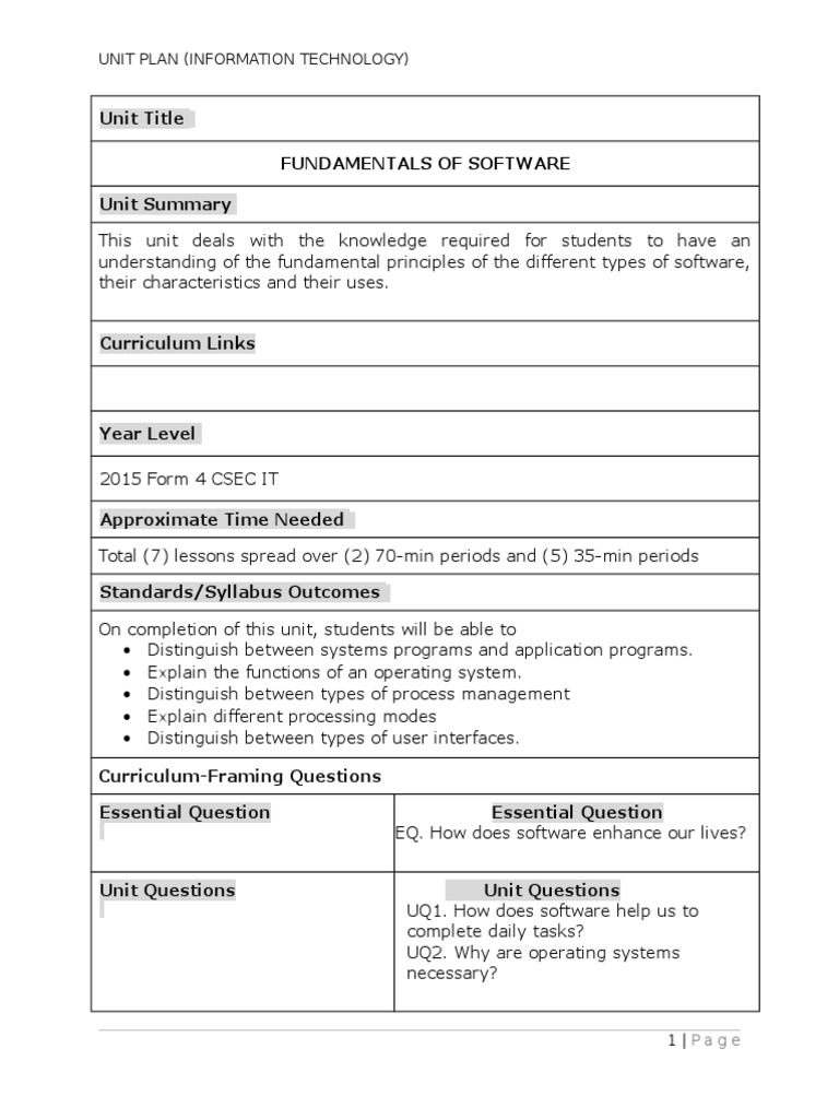 Unit Plan - Fundamentals of Software | PDF | Operating System | Software