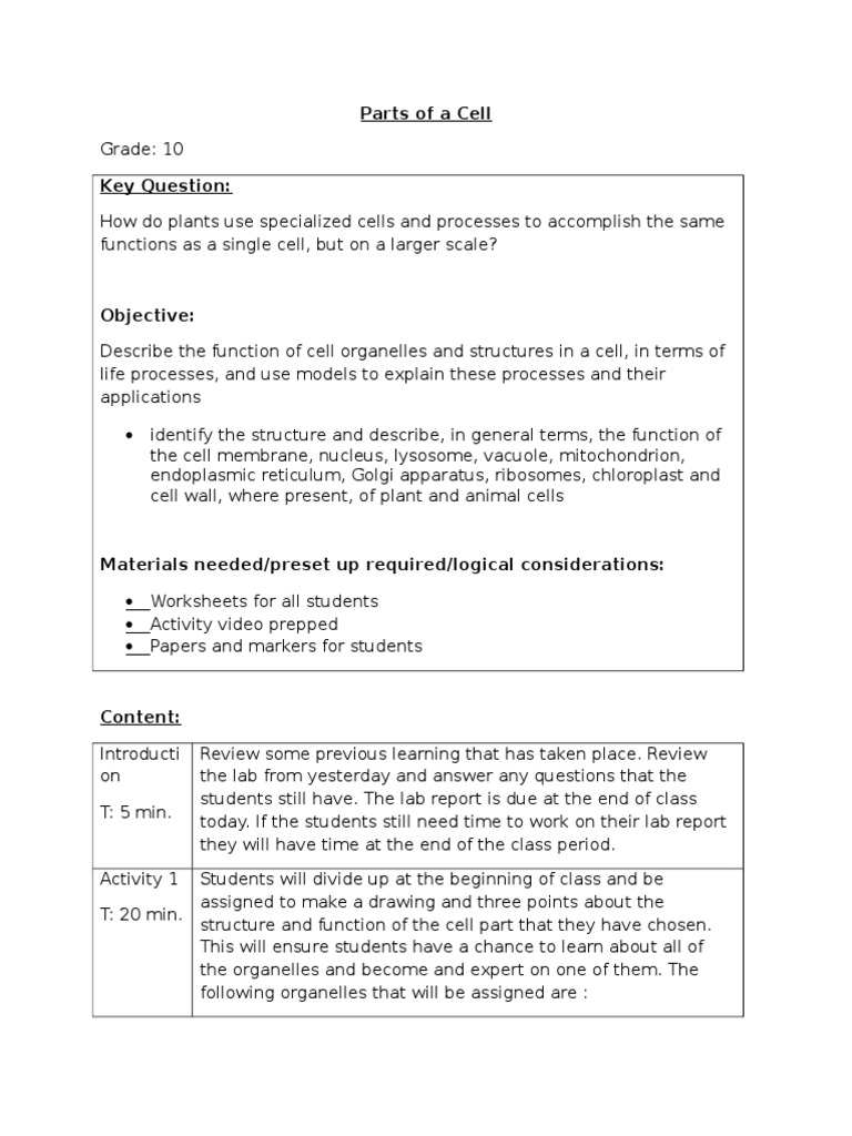 Lesson Plan-Parts of A Cell | PDF | Lysosome | Cell (Biology)