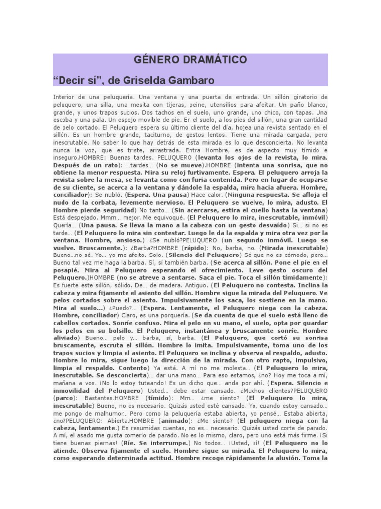 Decir Sí, Griselda Gambaro GÉNERO DRAMÁTICO | PDF | Peluquero | Peluquería