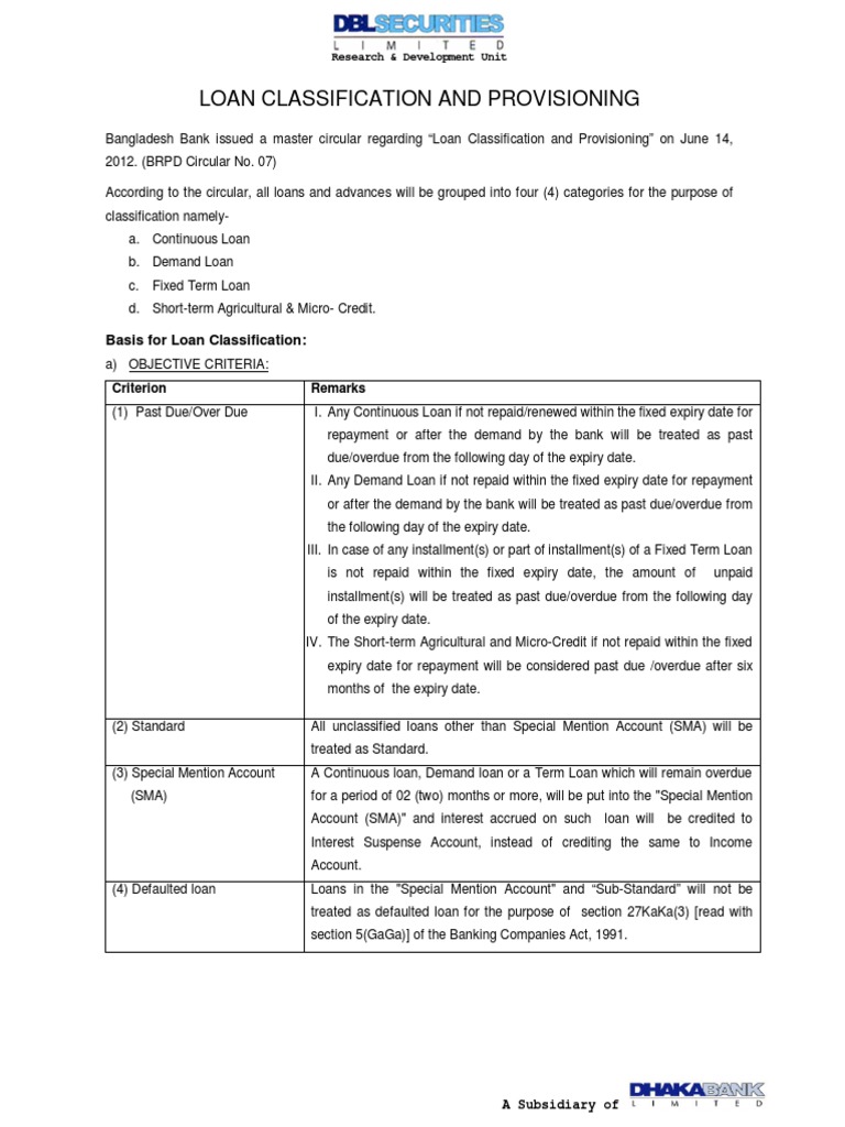 Loan Classification & Provisioning Guide | PDF | Loans | Credit (Finance)
