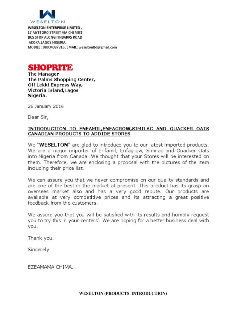 Letter of Introduction To ShopRite | PDF