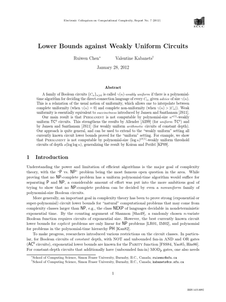 Lower Bounds Against Weak Uniform Circuits Pdf Time Complexity Computational Complexity Theory
