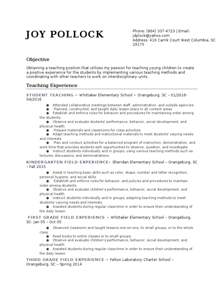 Joy Pollock Resume 4-19 | PDF | Teaching Method | Teachers