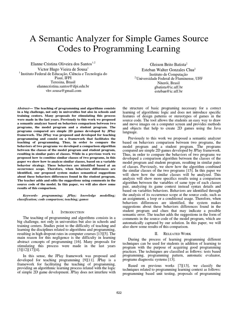 A Semantic Analyzer For Simple Games Source Codes To Programming Learning | PDF | Class ...