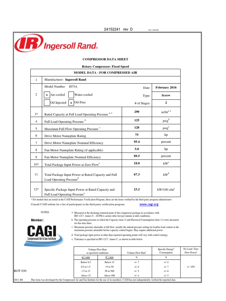 Compressor Data Sheet Rotary Compressor: Fixed Speed Model Data - For ...