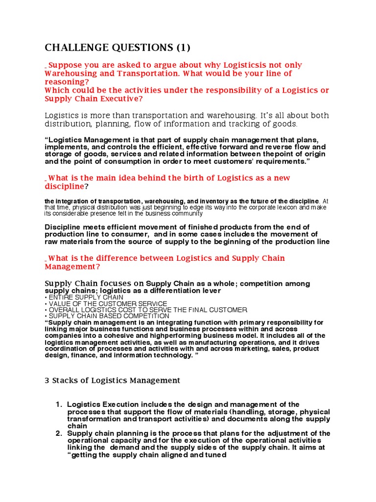 Challenge Questions | PDF | Logistics | Supply Chain Management