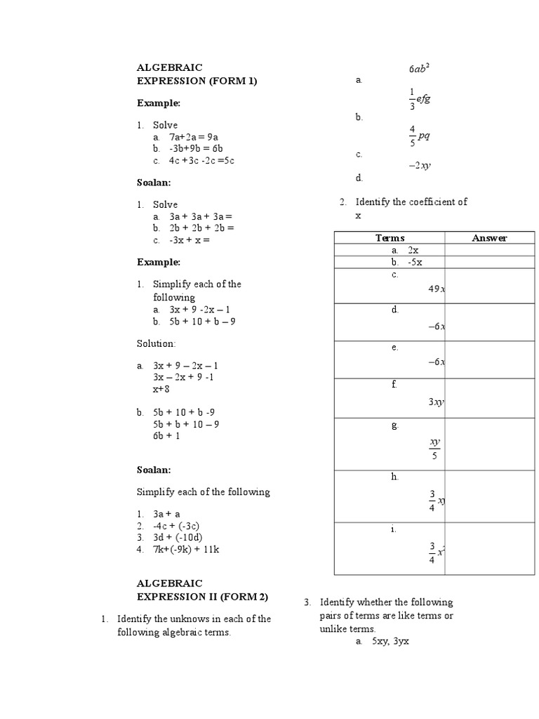 Form 1 Algebraic Expressions Guide | PDF | Teaching Methods & Materials
