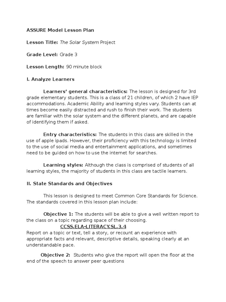 Assure Model Lesson Plan 1 Learning Styles Lesson Plan