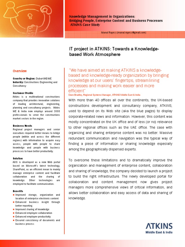 Report On Knowledge Management at ATKINS (Case Study) | PDF